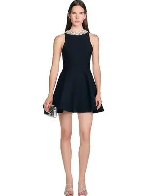 Sandro Sleeveless Mini Dress With Rhinestone Collar - Black