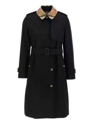 Burberry Check Pattern-collar Belted Trench Coat - Black