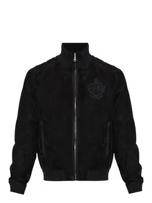 Balmain Suede Bomber Jacket With Embroidered Logo - Black