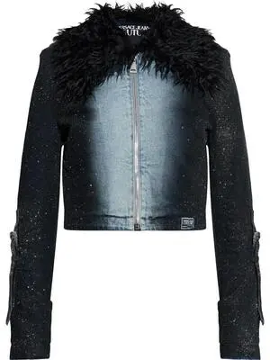 Versace Denim Jacket With Glitter And Fur Collar - Black