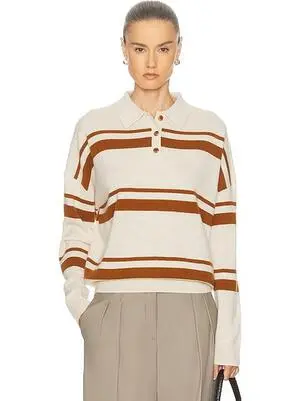 Renggli Cashmere Striped Polo Top - Eggshell & Saffron