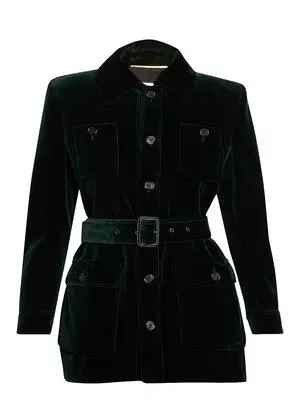 Saint Laurent Saharienne Belted Velvet Jacket - Emeraude