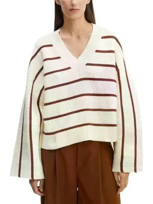 GESTUZ Striped V-neck Pullover - White