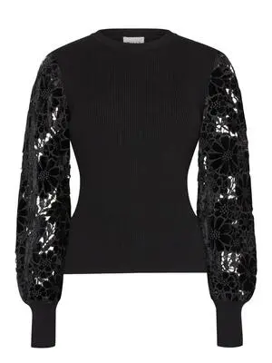 MILLY Velvet Lace Sleeve Sweater - Black