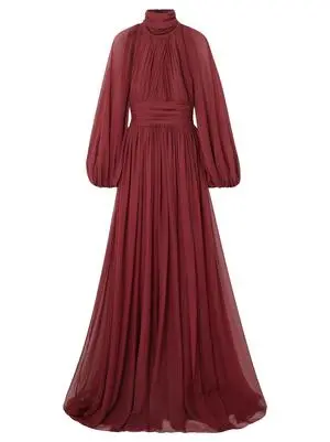 Zuhair Murad Pleated Silk-chiffon Turtleneck Gown - Burgundy