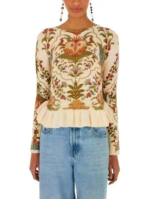 Farm Rio Ruffled Floral Print Sweater - Neutrals