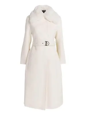 Maje Wool-blend Coat With Faux Fur Trim - White