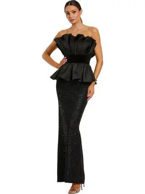 Mac Duggal Strapless Satin Peplum Sequin Column Gown - Black