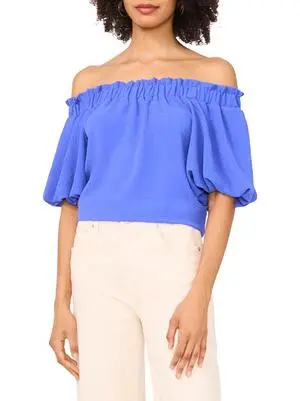 Vince Camuto Printed Off-the-shoulder Top With Puff Sleeves - Dazzling Blue