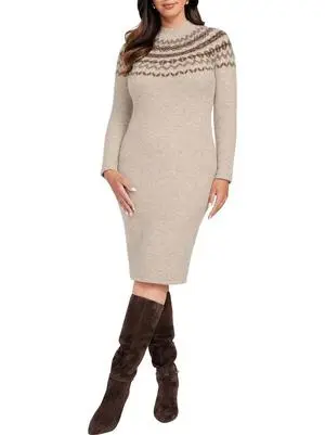 MARCIANO Akila Jacquard Detail Long Sleeve Sweater Dress - Beige Multi