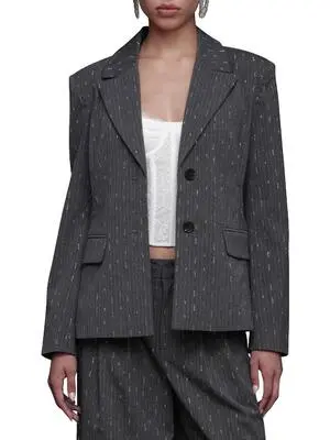 Avec Les Filles Rhinestone Pinstripe Blazer - Grey Pinstripe - Silver