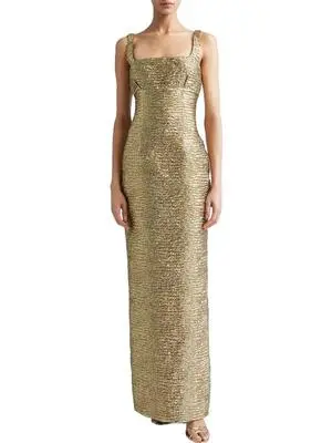 EMILIA WICKSTEAD Micheline Metallic Seersucker Column Gown - Gold