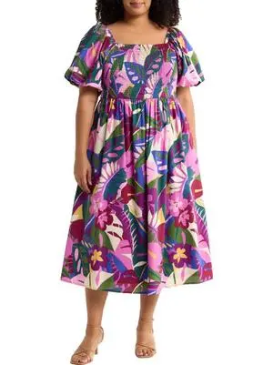 SUGARLIPS Blain Floral Maray Smocked Cotton Midi Dress - Purple Multi