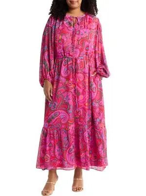 SUGARLIPS Anais Paisley Long Sleeve Georgette Midi Dress - Fuchsia-multi