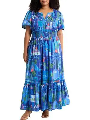SUGARLIPS Punta Alta Ordy Tiered Cotton Maxi Dress - Cobalt-combo