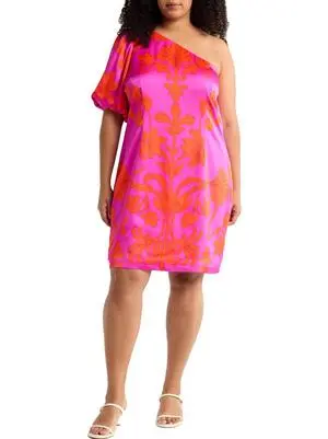 SUGARLIPS Vallie Floral One-shoulder Satin Shift Dress - Magenta-multi