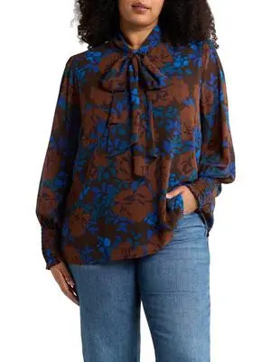 SUGARLIPS Floral Tie-neck Top - Brown-blue