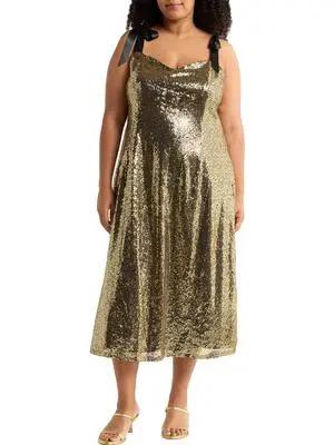 SUGARLIPS Sequin Tie Strap Midi Dress - Gold