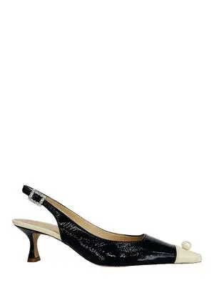 MADISON MAISON Kitten Heel Slingbacks With Pearl Accent Navy/off White