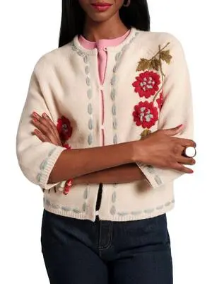FRANCES VALENTINE Floral Lambswool Cardigan Coat - Natural/red/light Blue