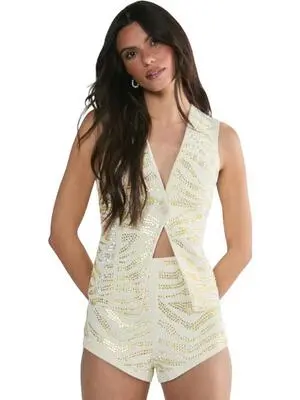 Nasty Gal Zebra Diamante Sleeveless Tailored Vest - Cream