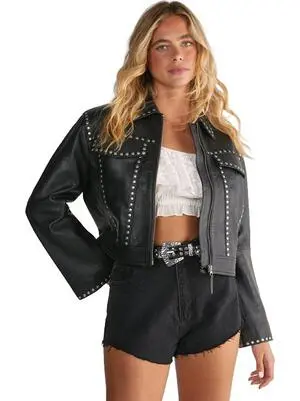 Nasty Gal Leather Studded Cropped Jacket - Black