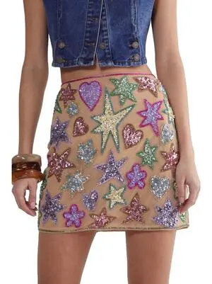 Nasty Gal Hand Embellished Sequin Star And Heart Mini Skirt - Nude