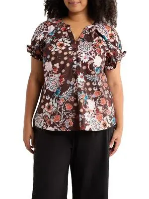 SUGARLIPS Floral Ruffle Cotton Top - Brown