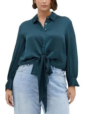 City Chic Ellie Long Sleeve Tie Front Satin Shirt - Deep Teal