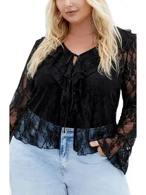 City Chic Lacie Ruffle Long Sleeve Lace Top - Black Lace