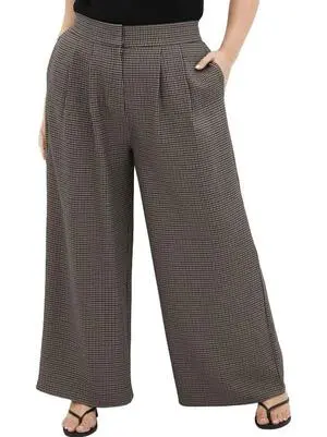 City Chic Tiana Houndstooth Check Wide Leg Trousers - Plaid