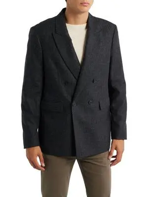 FRAME Pinstripe Double Breasted Wool Blend Blazer - Dark Grey
