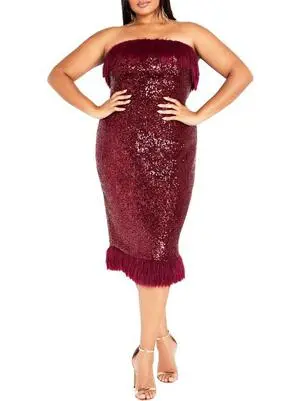 City Chic Sequin Feather-Trim Strapless Dress Red