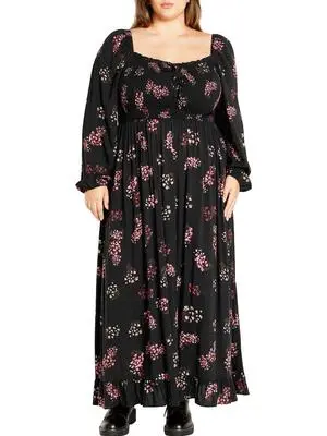 City Chic Long Sleeve Smocked Bodice Maxi Dress - Floral