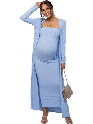 PINKBLUSH Ribbed Sleeveless Dress Cardigan Set - Light Blue