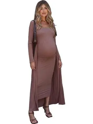 PINKBLUSH Ribbed Sleeveless Dress Cardigan Set - Mocha