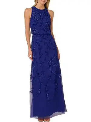 Adrianna Papell Beaded Blouson Maxi Dress - Dark Blue Violet