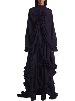 Alexander McQueen Draped Ruffle Long Sleeve Silk Georgette Gown - Violet