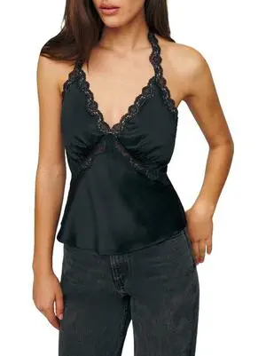 REFORMATION Monica Silk Halter Top - Black