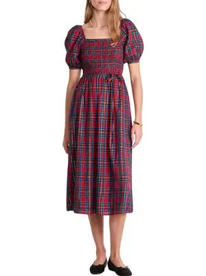 Vineyard Vines Ellen Plaid Puff Sleeve Midi Dress - Yuletide Tartan Red