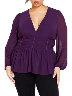 City Chic Sheer Sleeve Front-wrap Top - Purple