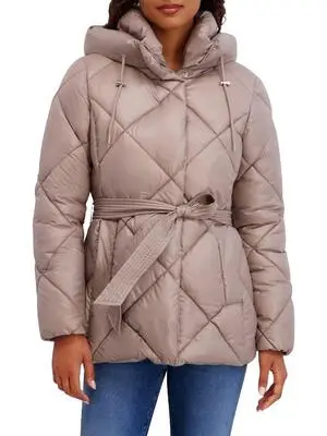 Kensie Belted Diamond Quilted Puffer Coat Champagne