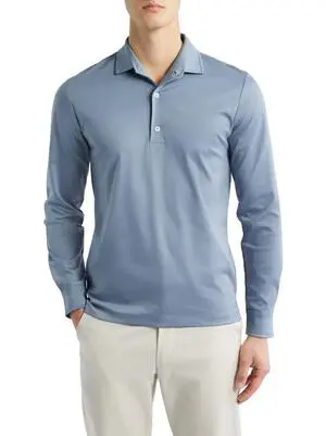 AURELIEN Mercerized Cotton Long Sleeve Polo Steel Blue