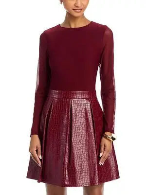 Alice + Olivia Chara Croc Embossed Pleated Dress - Oxblood