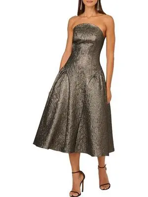 Adrianna Papell Metallic Jacquard Strapless Midi Dress - Gunmetal
