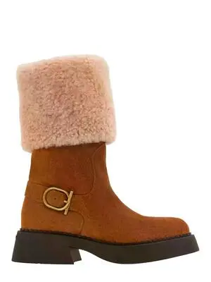 FERRAGAMO Shearling Buckle Ankle Boots - Brown