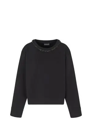 Emporio Armani Cotton Crewneck Sweatshirt With Rhinestone Embellishments - Black