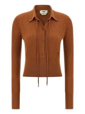 Fendi Ribbed Wool Knit Sweater With Logo Embroidery - Brown