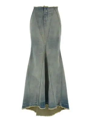 Off White Long Stonewashed Denim 'jane' Skirt With Fringed Details - Light Blue