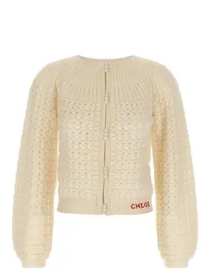 Chloé Jacquard Logo Wool And Cashmere Cardigan - White